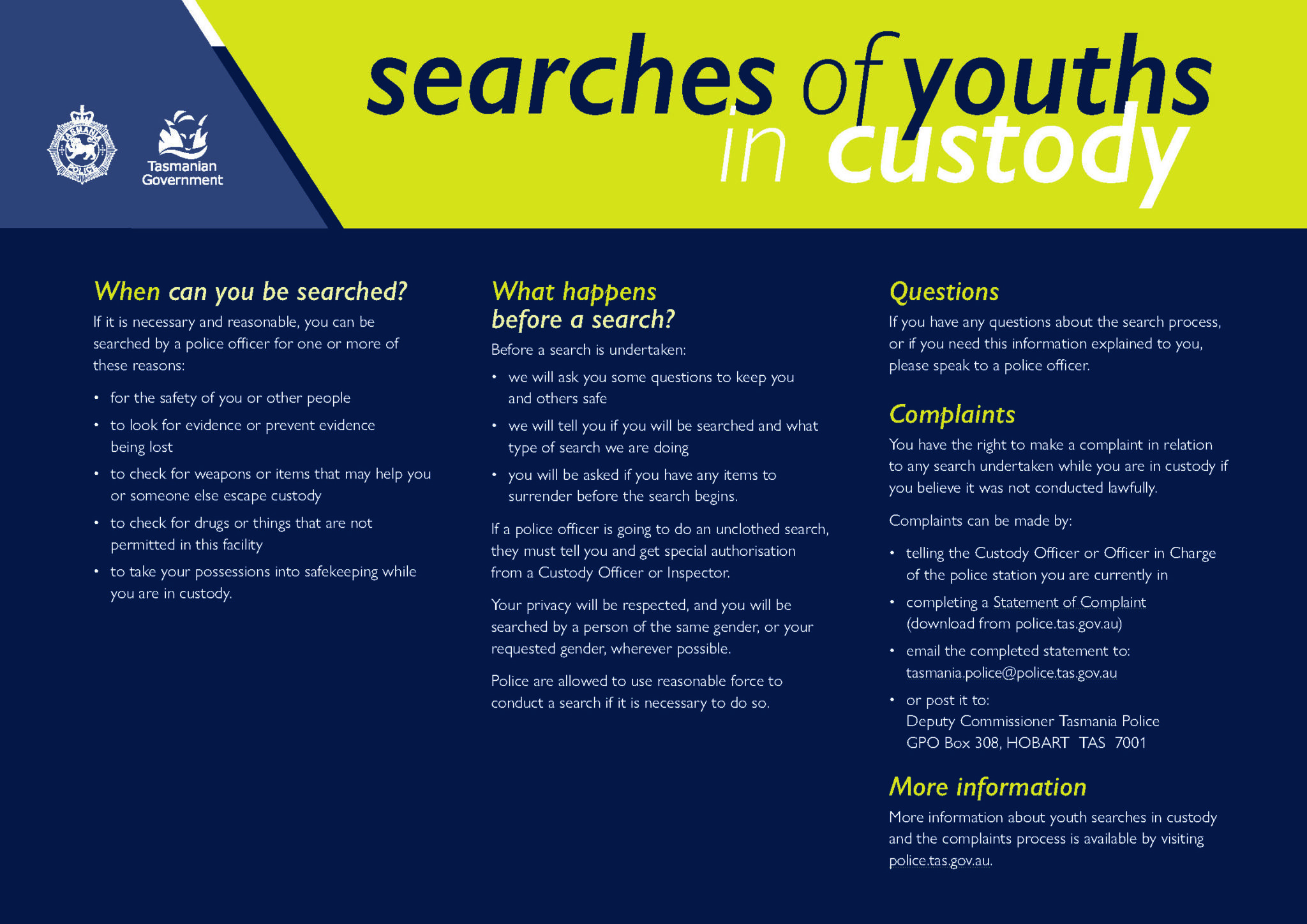 Searches of Youths in Custody - Tasmania Police
